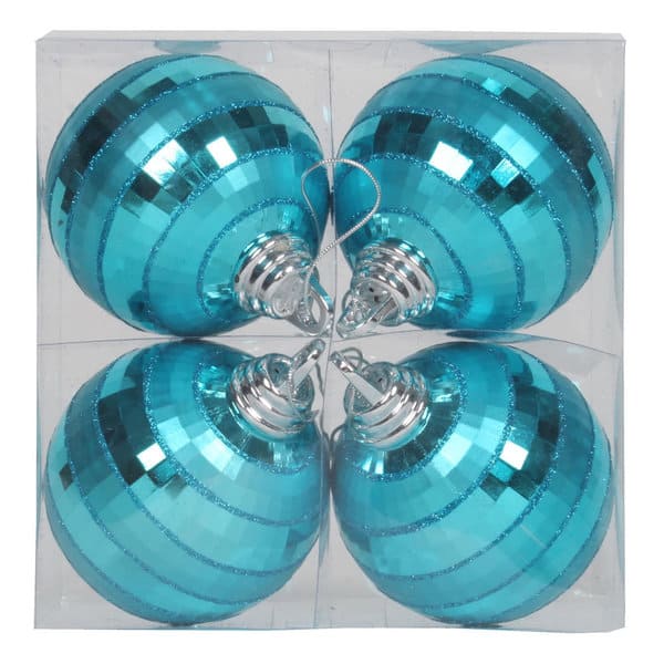 Teal Plastic 4-inch Shiny/Matte Mirror Ball Ornaments (Pack of 4) - Bed ...