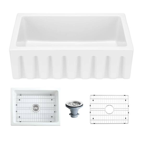 Caesar 30-inch x 18-inch Fluted Edge Front Fireclay Farmhouse Kitchen ...