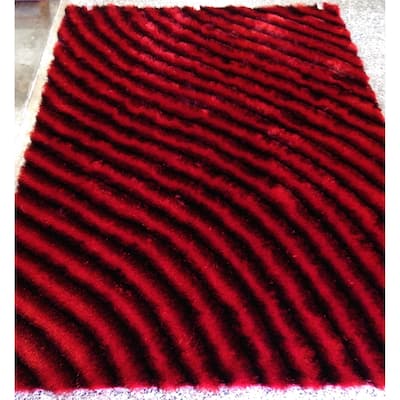 Crimson Red Polyester Shaggy Area Rug With Gradient Waves - 8' x 10 ...