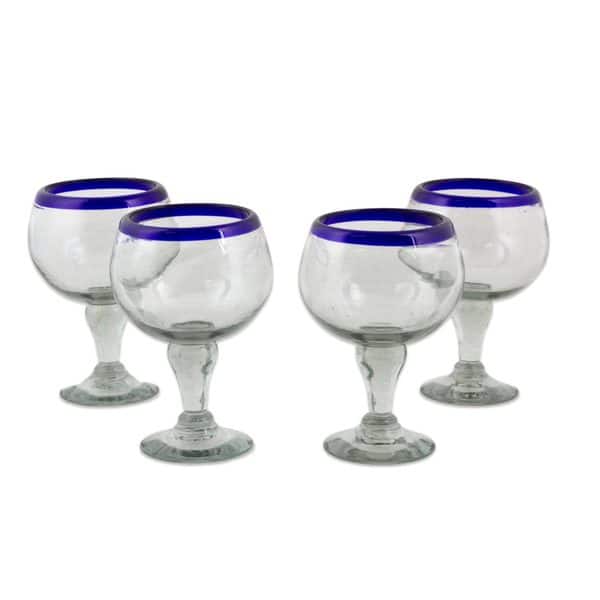 NOVICA Artisan Handblown Glass Goblets Cobalt Blue Rim Stemmed Wine ...