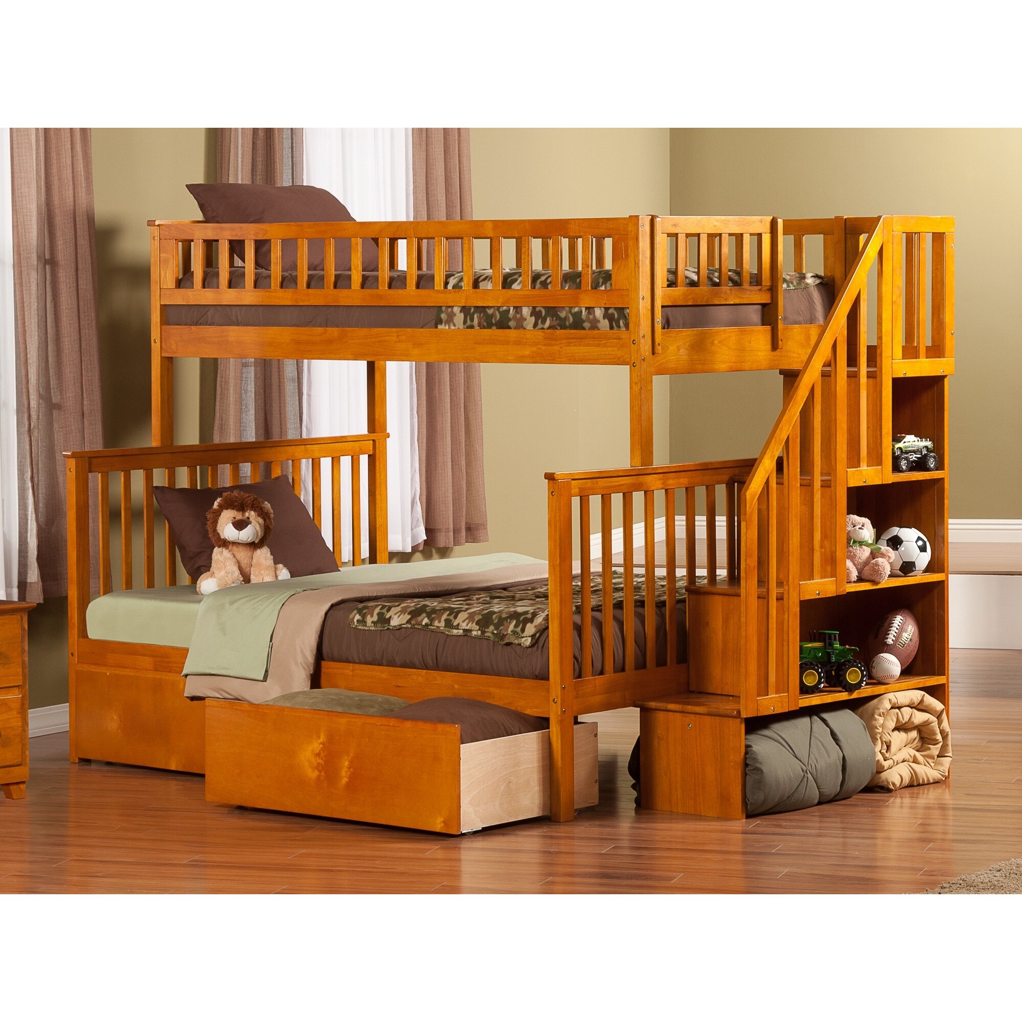 Woodland Staircase Bunk Bed Twin over Full with Flat Panel Bed Drawers in Caramel Latte Bed Bath Beyond 13049040