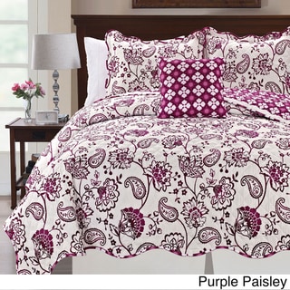 Printed Paisley Flower 4-piece Reversible Quilted Coverlet Set - On ...
