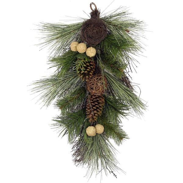 28-inch Christmas Pine Teardrop Swag with Twig Balls, Bird Nest, and ...