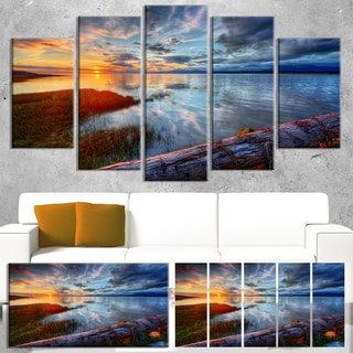 Designart "Colorful River Sunset With Log" Seashore Art Print on Canvas ...
