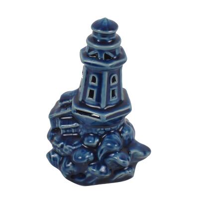 Firefly Blue Ceramic Lighthouse Long Candle Holder - Overstock - 13579047