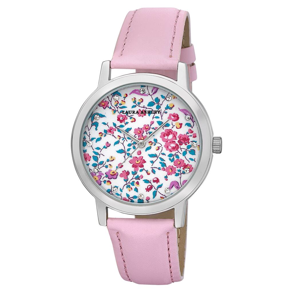Laura Ashley Women's Pink Band Flower Print Dial Stainless Steel Watch ...