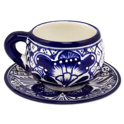 Handmade Set For 4 Ceramic Cups and Saucers, 'Blue Guanajuato' (Mexico ...