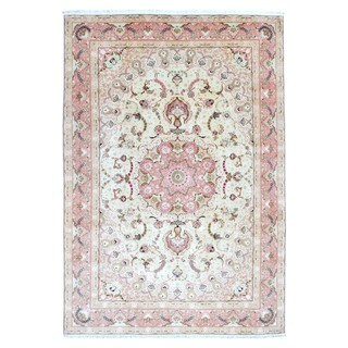 FineRugCollection Hand Knotted Extra Fine Persian Tabriz Pink Wool ...
