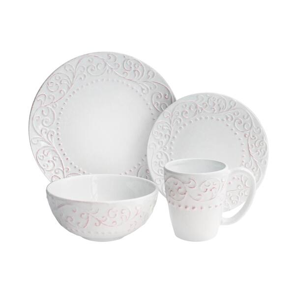 American Atelier Bianca Scroll Pink Earthenware 16-piece Dinnerware Set ...