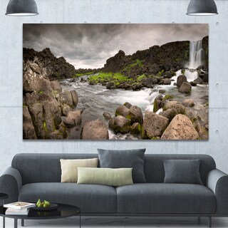 Designart "Dramatic Oxarafoss Waterfalls" Extra Large Abstract Canvas ...