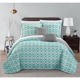 Chic Home 5-Piece Pamelia Grey and Aqua Quilted Fleur De Lis Patterned ...
