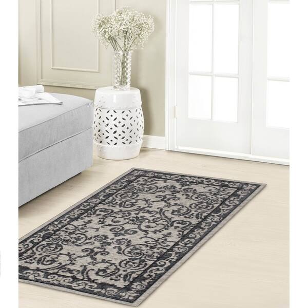 Laura Ashley Halstead Border Gray Jacquard Chenille Textured Accent Rug - 5 x 8 ft. - Bed Bath ...