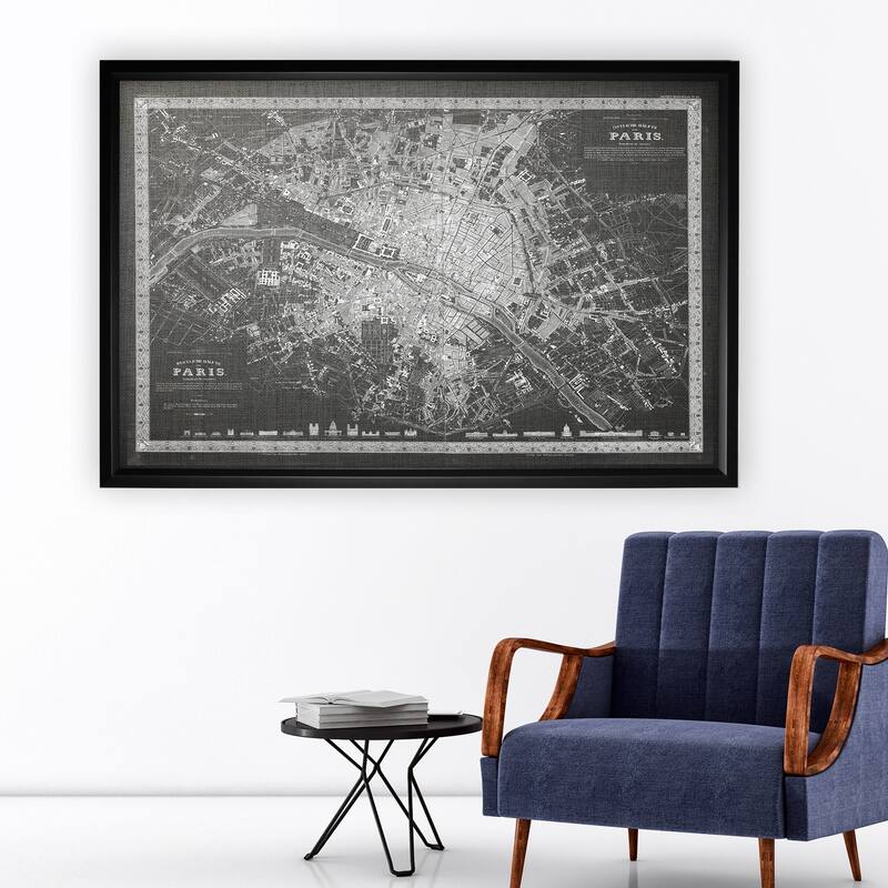 Vintage Paris Map Outline Grey - Black Frame - Overstock - 15367106