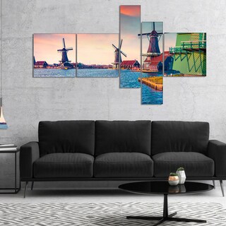 Designart "Zaandam Mills on Water Channel" Landscape Canvas Art Print ...