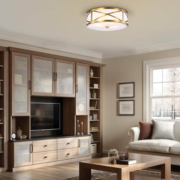 Blanca Metallic Goldtone Metal 'X' Frame Glass Drum Shade Flush Mount ...