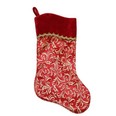 20" Red and Gold Glittered Leaf Flourish Christmas Stocking with Shadow ...