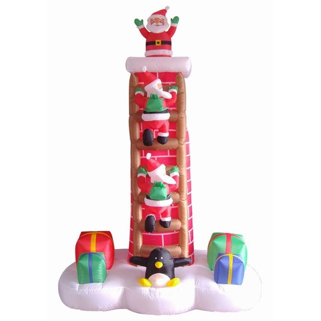 7' Inflatable Animated Santa Trio on Chimney Ladder Lighted Christmas ...