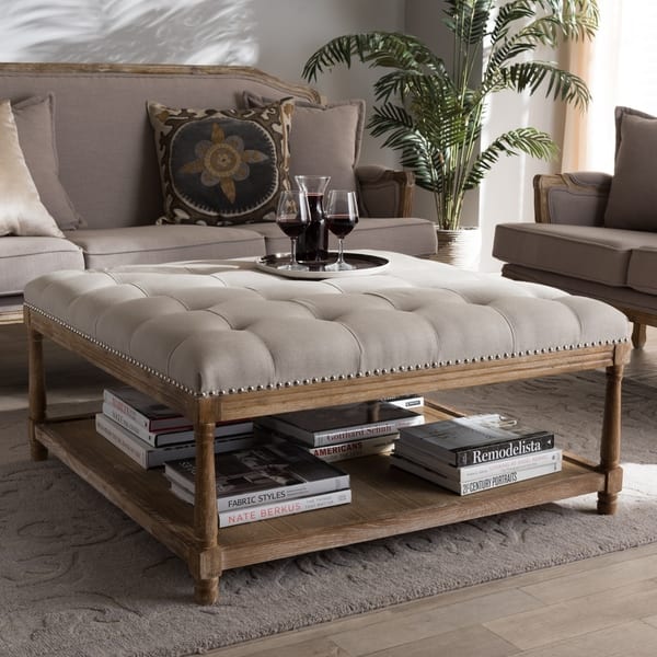 Baxton Studio French Country Beige Linen Square Ottoman - Bed Bath ...