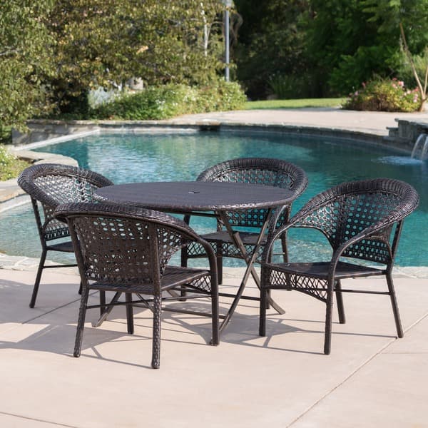 Maxine Outdoor 5-Piece Round Foldable Wicker Dining Set with Umbrella ...