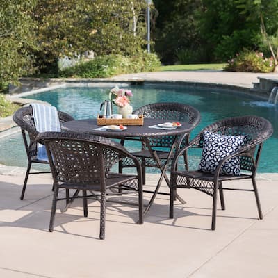 Maxine Outdoor 5-Piece Round Foldable Wicker Dining Set with Umbrella ...