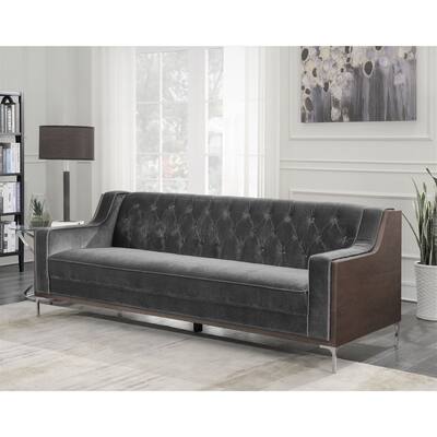 Chic Home Parker Sofa Button Tufted Velvet Walnut Finish Swoop Arm Wood ...