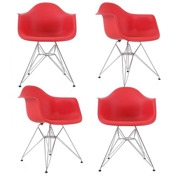CozyBlock Set of 4 Red Molded Plastic Dining Arm Chair with Steel ...