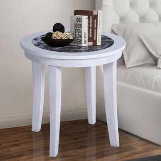 Sleeplanner Black Natural Marble Round Solid Wood Side Table - Bed Bath ...