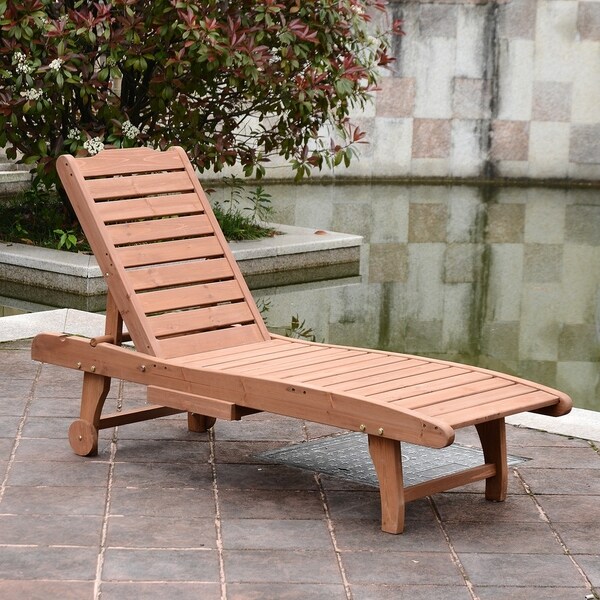 Outsunny Wooden Outdoor Chaise Lounge Patio Pool Chair w Pull Out Tray