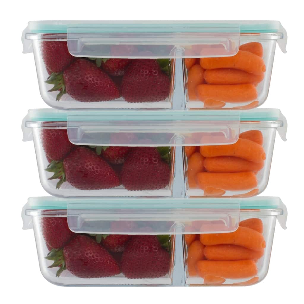 3 Pack 3 Divider Compartment Glass Meal Prep Container Locking Lid ...