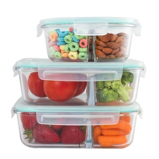3 Pack 3 Divider Compartment Glass Meal Prep Container Locking Lid MIX ...