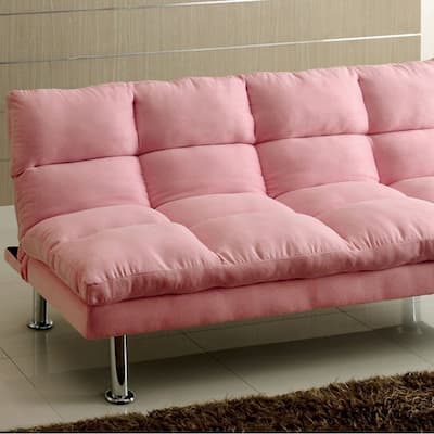 Tufted Fabric Upholstered Convertible Futon with Metal Legs, Pink ...