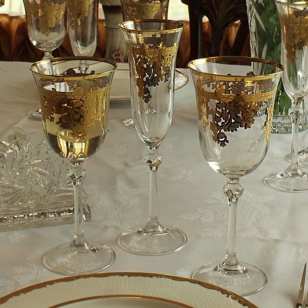 Set of 4 Embellished 24K Gold Crystal Flute Goblets-Made In Italy - Bed ...