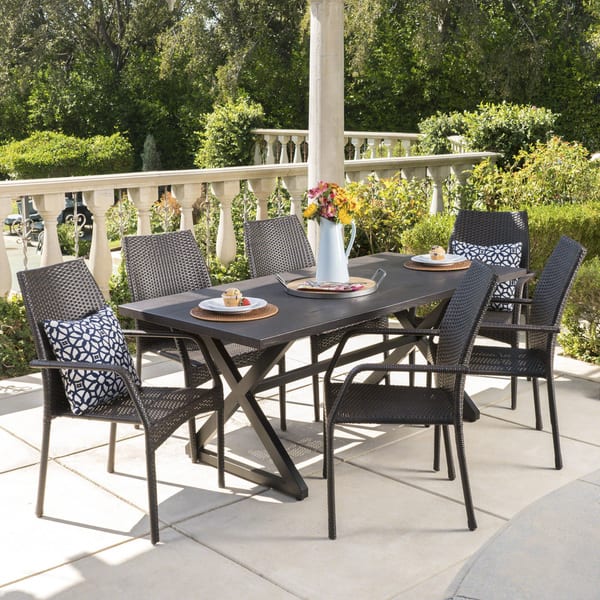 Harbor Outdoor 7-piece Rectangular Wicker Aluminum Dining Set by ...