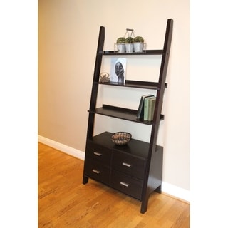 Walnut Finished Leaning Ladder Bookshelf with Drawers - Bed Bath ...