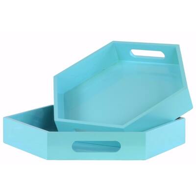 Wood Hexagonal Serving Tray with Cutout Handles, Set of 2-Blue ...