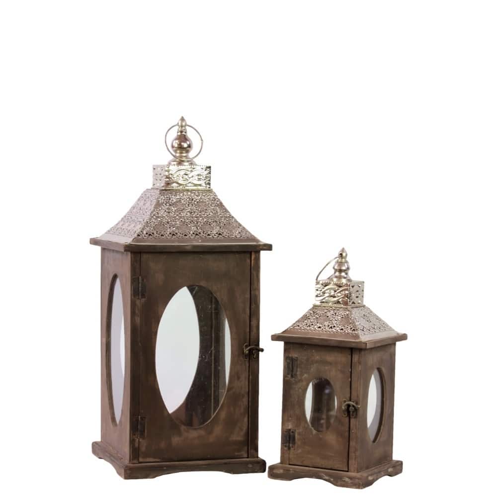 Lantern with Pierced Metal Top Glass Windows Set of Two - Brown ...
