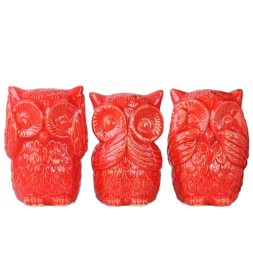 Rosy Owl No Evil Figurine - Assortment Of 3 -Red - Overstock - 18524652