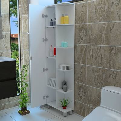 5 - Side Shelves Tall Corner Bathroom Cabinet with 1 Door, White ...