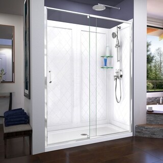 DreamLine Flex 32 in. D x 60 in. W x 76 3/4 in. H Pivot Shower Door, Shower Base and Backwall ...