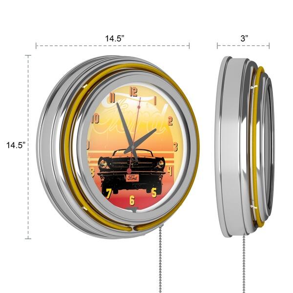 Ford Chrome Double Rung Neon Clock - Mustang - 14.5" x 14.5" x 3" - Bed ...