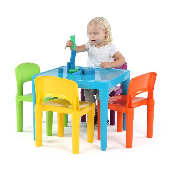 Playtime Collection Kids Plastic Table and 4 Chairs, Aqua & Primary ...