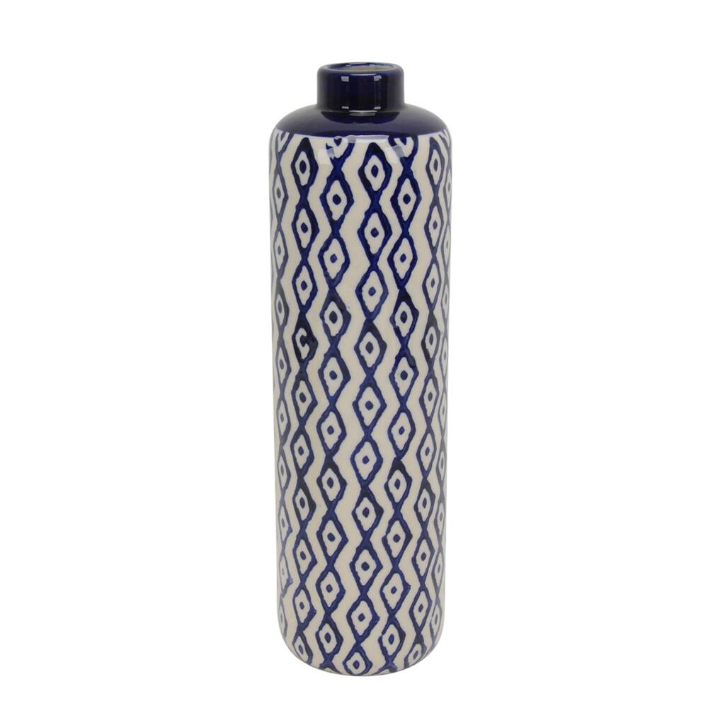 Ceramic Diamond Pattern Vase, Blue/White - Overstock - 18971268
