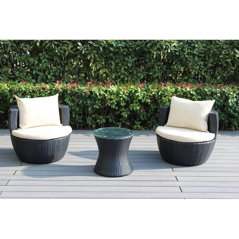 Ohana Outdoor Patio 3 Piece Black Wicker Conversation Set - No Assembly ...