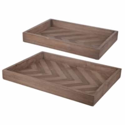 Antique Rectangular Wooden Trays, Brown, Set Of 2 - Overstock - 19538626
