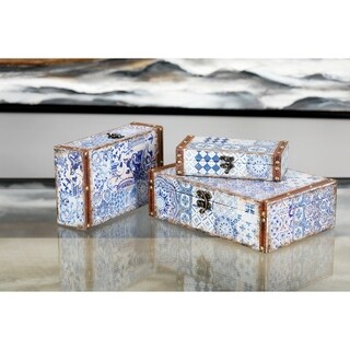 Set of 3 Traditional Wood and Leather Rectangular Suitcase Boxes - Bed ...