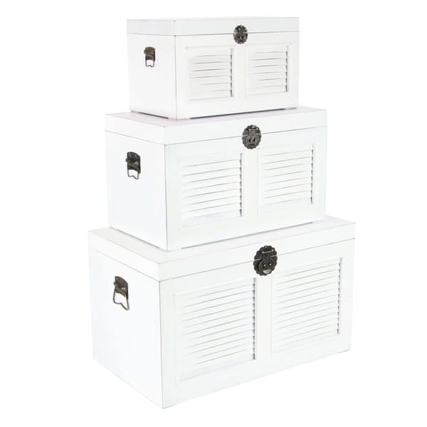 Set of 3 Traditional Wooden Rectangular White Louvered Trunks - Bed ...