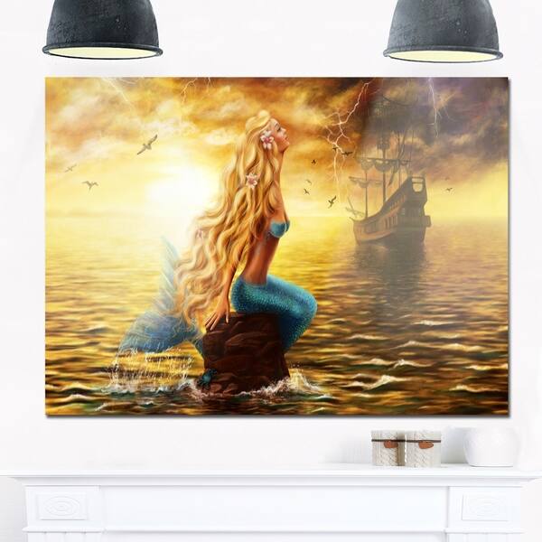 Sea Mermaid with Ghost Ship - Seascape Digital Art Glossy Metal Wall ...