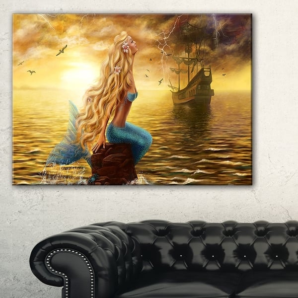 Sea Mermaid with Ghost Ship - Seascape Digital Art Glossy Metal Wall ...