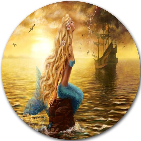 Designart 'Sea Mermaid with Ghost Ship' Seascape Digital Art Disc Metal ...