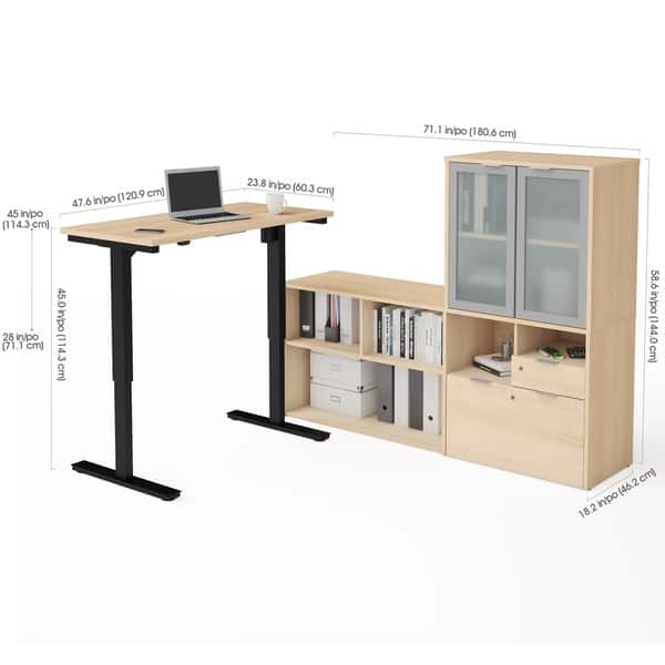 Bestar i3 Plus Height Adjustable L-Desk with Frosted Glass Door Hutch ...